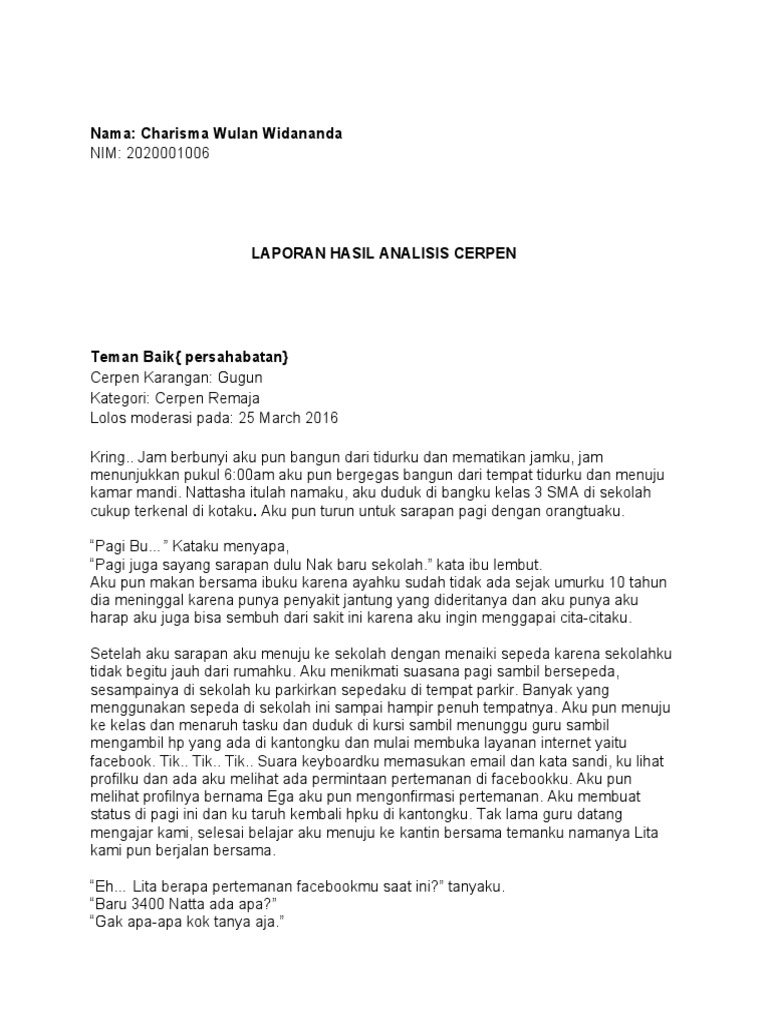 Analisis Cerpen "Teman Baik" Remaja | PDF | Puisi