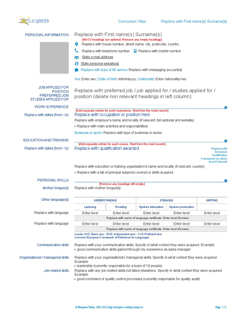 Europass CV Template | PDF | Communication | Computing