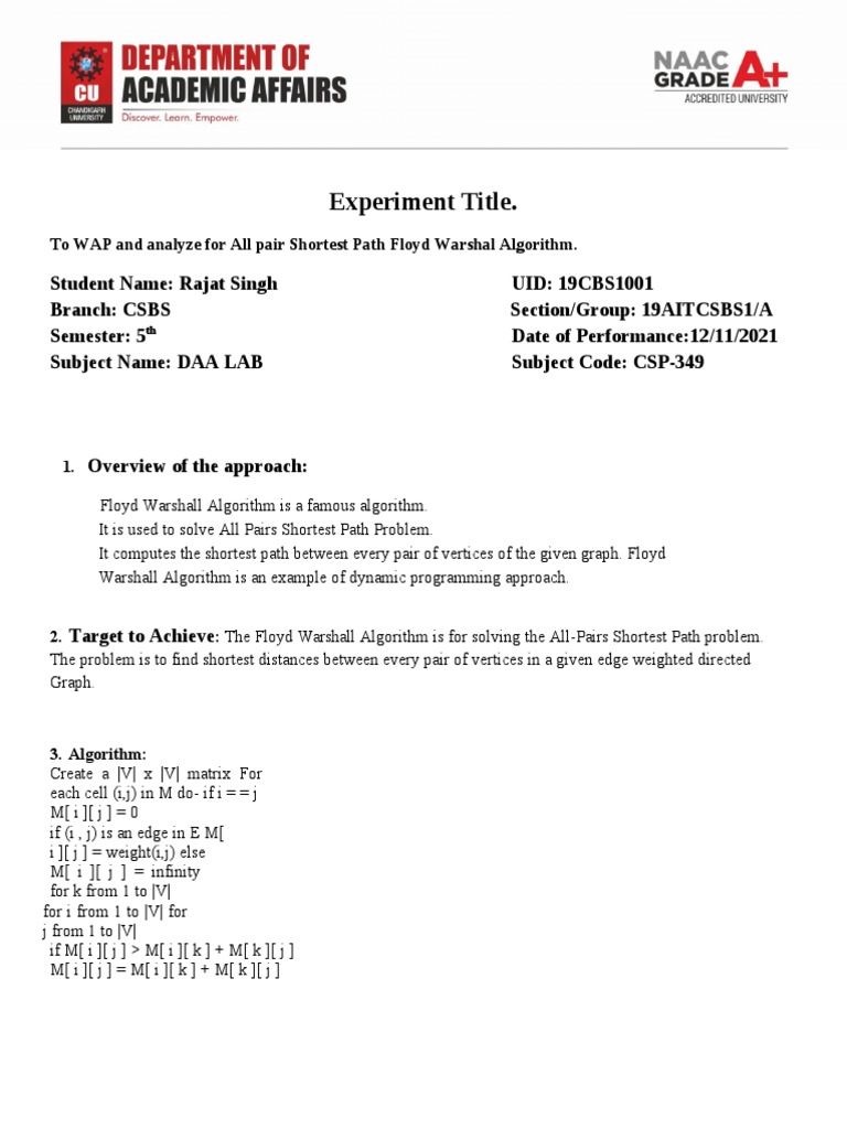 Experiment Title.: To WAP and Analyze For All Pair Shortest Path Floyd ...