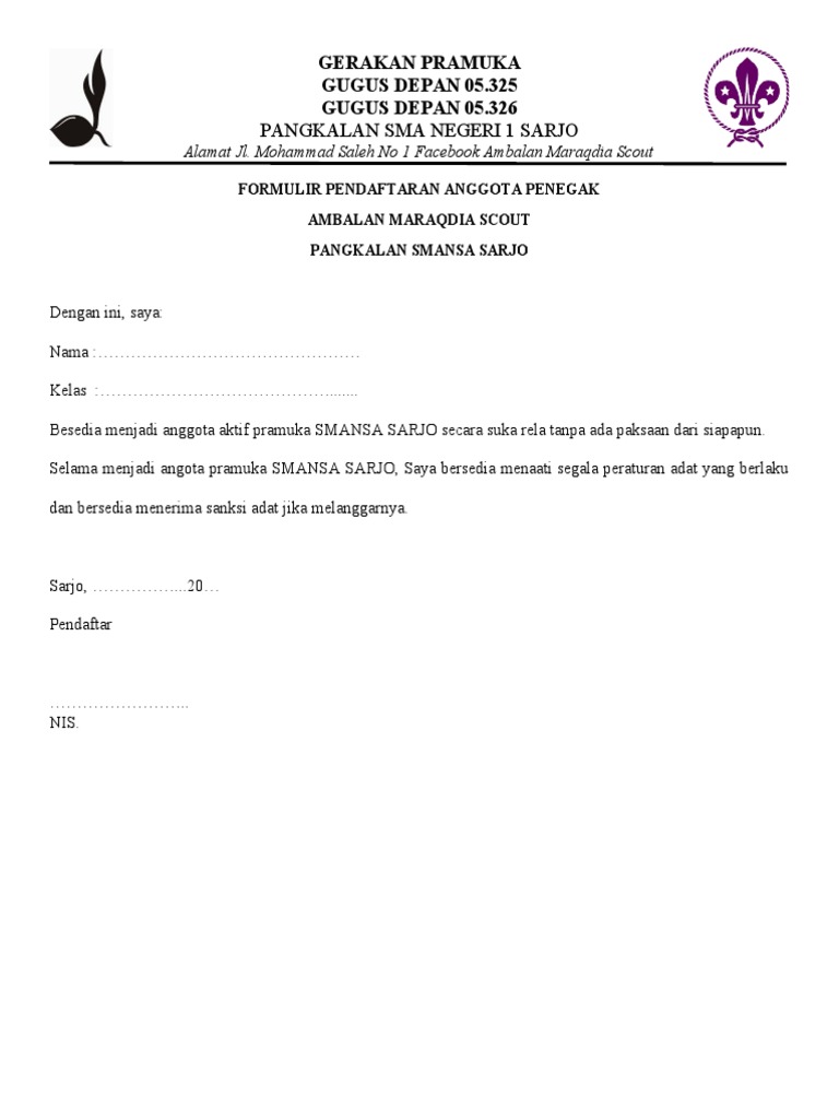 Contoh Formulir Pendaftaran Pramuka | PDF | Olahraga & Rekreasi ...