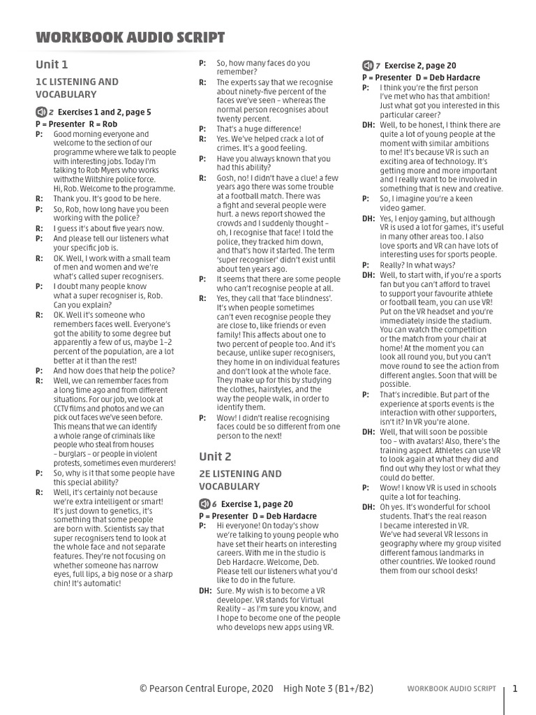 Workbook Audio Script: Unit 1 | PDF | Virtual Reality