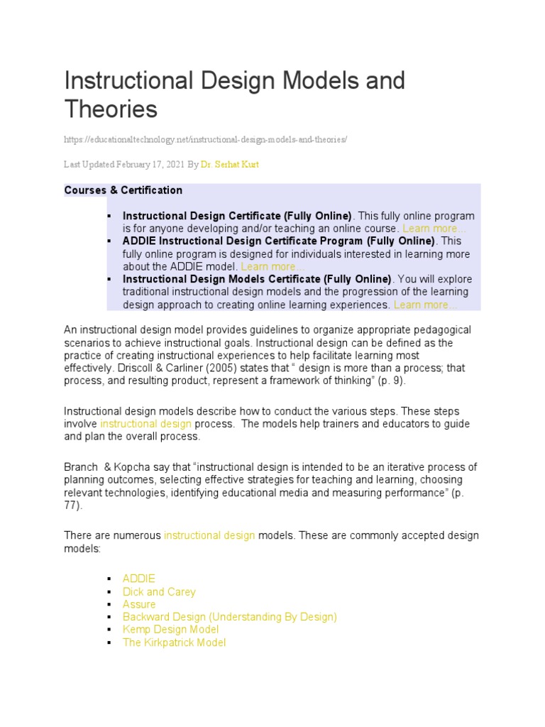 Instructional Design Models And Theories Pdf Instructional Design