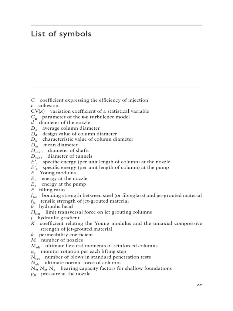 List of symbols: c cohesion CV (x) variation coefficient of a ...