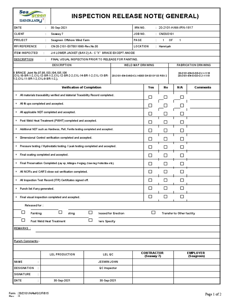 Inspection Release Note (General) : Verification of Completion Yes No N ...