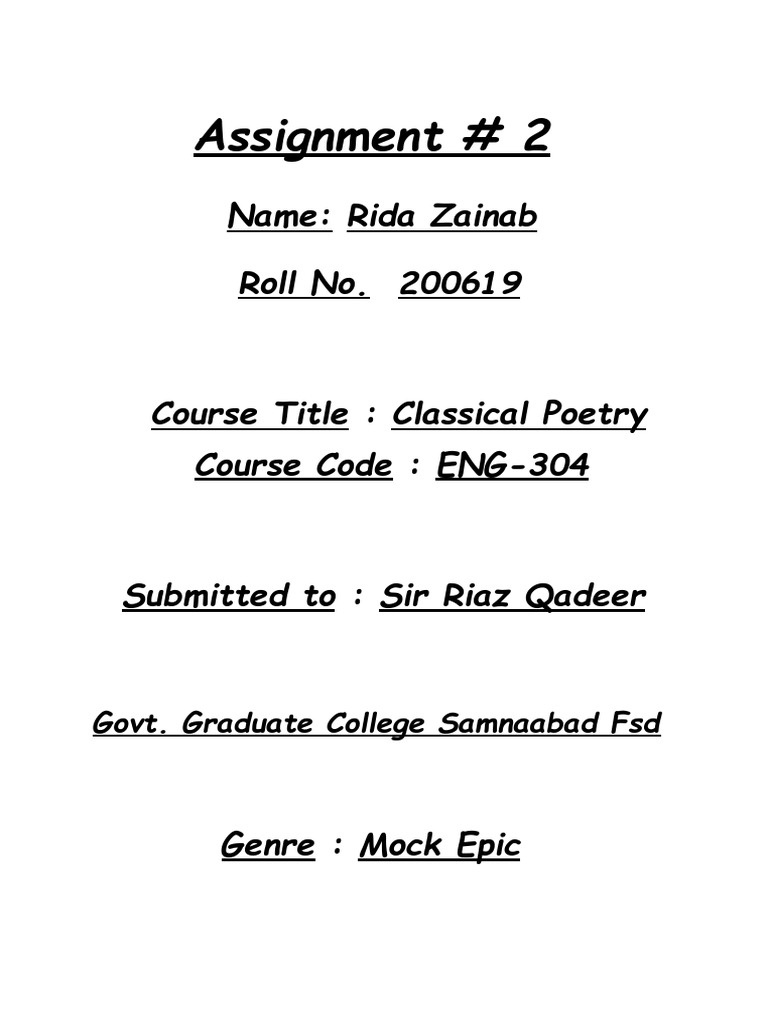 Assignment # 2: Name: Rida Zainab Roll No. 200619 | PDF | Poetry | Genres Of Poetry