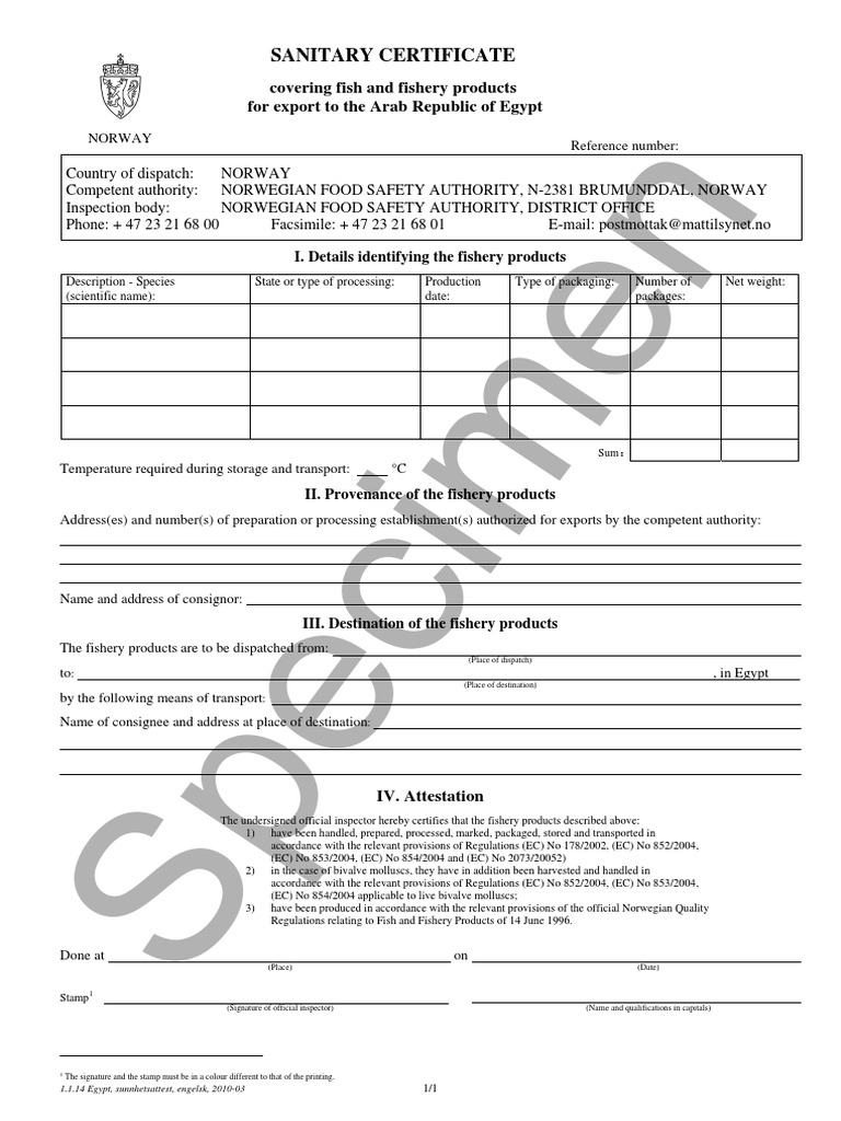 Specimen: Sanitary Certificate | PDF | Food Safety