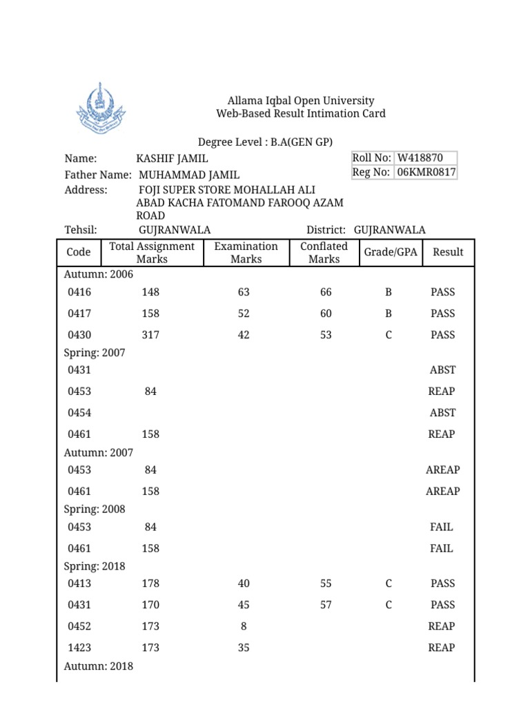 AIOU Online Web-Based Result | PDF