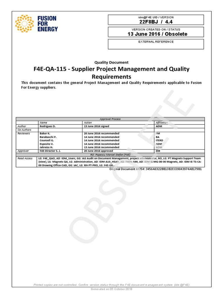 F4E-QA-115 - Supplier Project Management and Quality Requirements 22F8BJ v4 4 | PDF ...