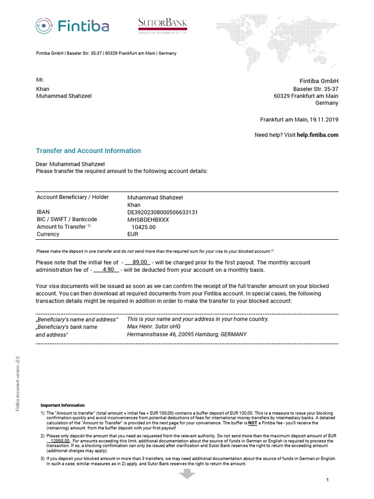Transfer and Account Information: Fintiba GMBH | PDF | Wire Transfer | Banks