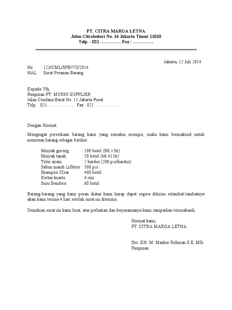 Contoh Surat Permintaan Barang | PDF