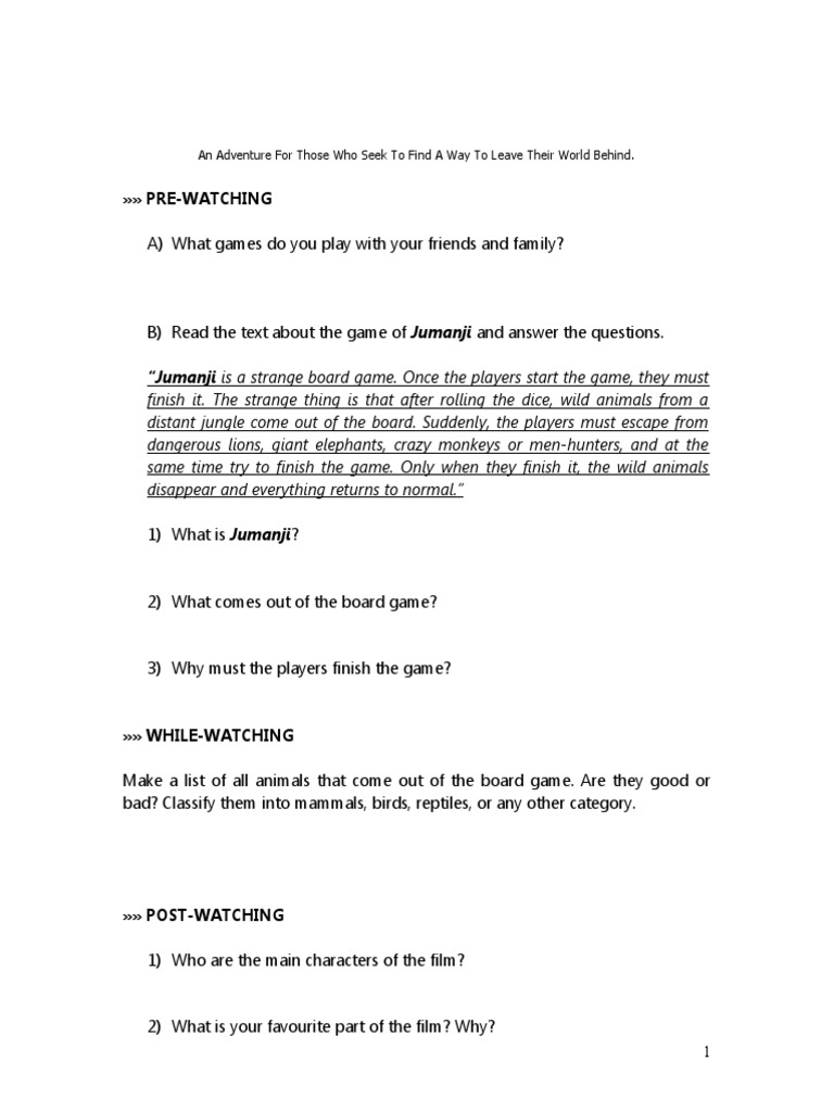 Jumanji Game Activities and Worksheet | PDF