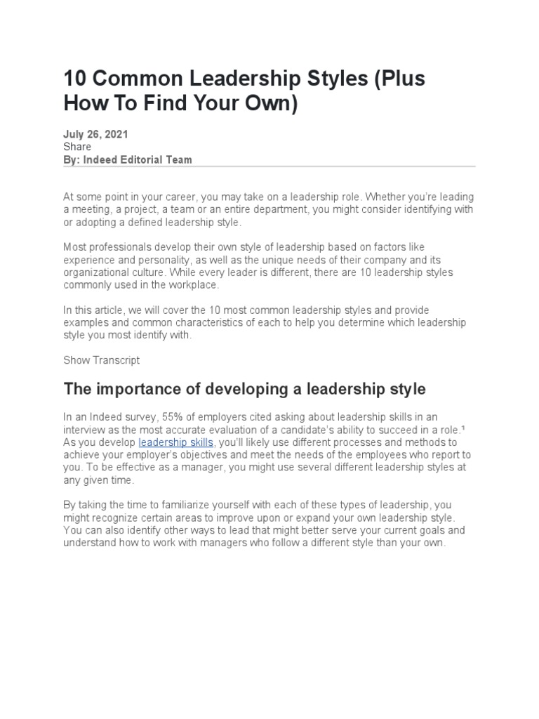10 Common Leadership Styles (Plus How To Find Your Own) : The ...
