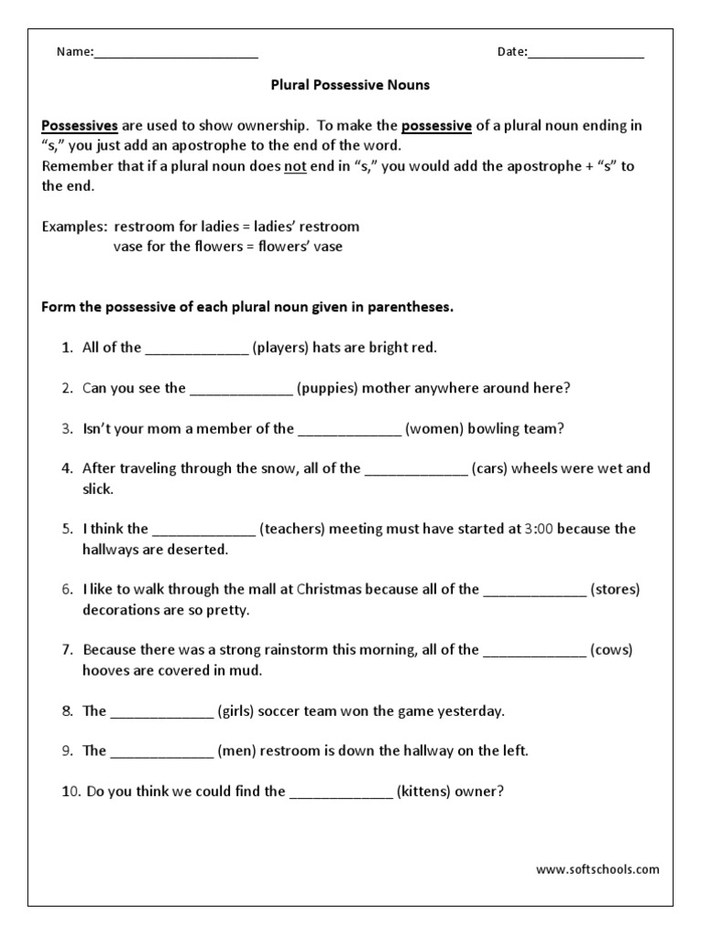 Plural Possessive Nouns 6th Grade Worksheet | PDF | Language Mechanics ...