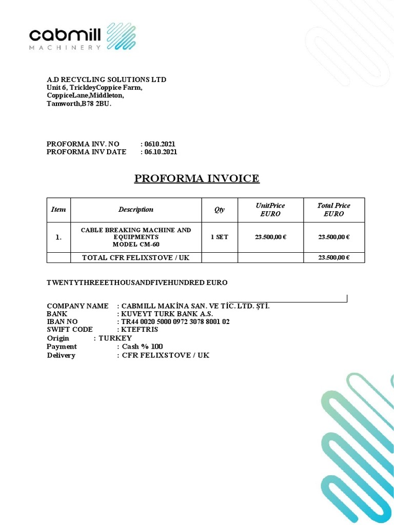 Proforma Invoice: Item Description Qty Unitprice Euro Total Price Euro ...