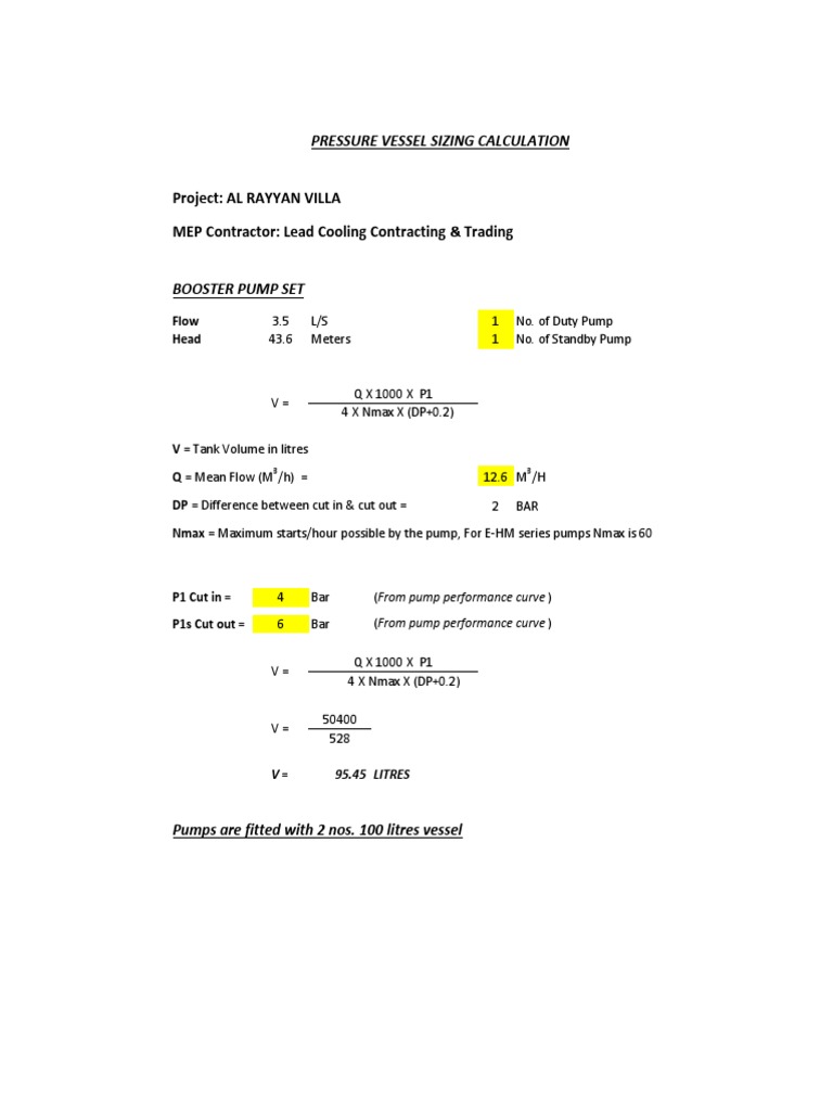 Pressure Vessel Sizing Calculation: Project: Al Rayyan Villa MEP ...