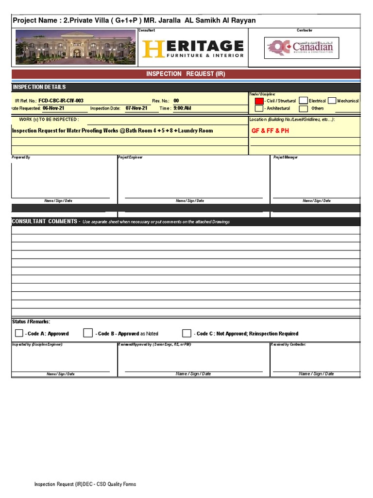 Inspection Request (Ir) : Project Name: 2.private Villa (G+1+P) MR ...