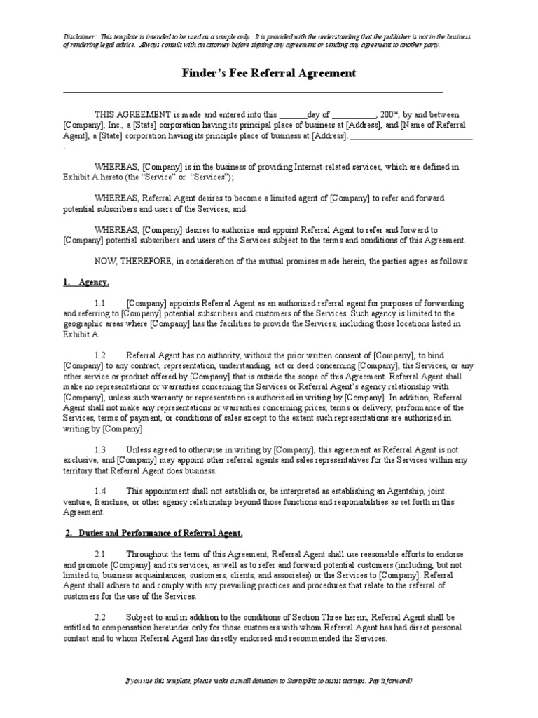 Finder's Fee Referral Agreement Template | PDF | Law Of Agency | Legal ...