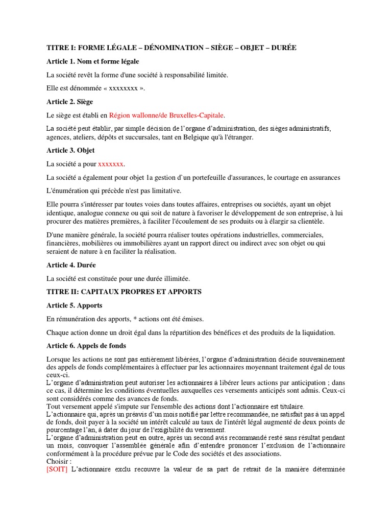 Modèle Statuts SRL (Court) | PDF | Actionnaire | Les sociétés