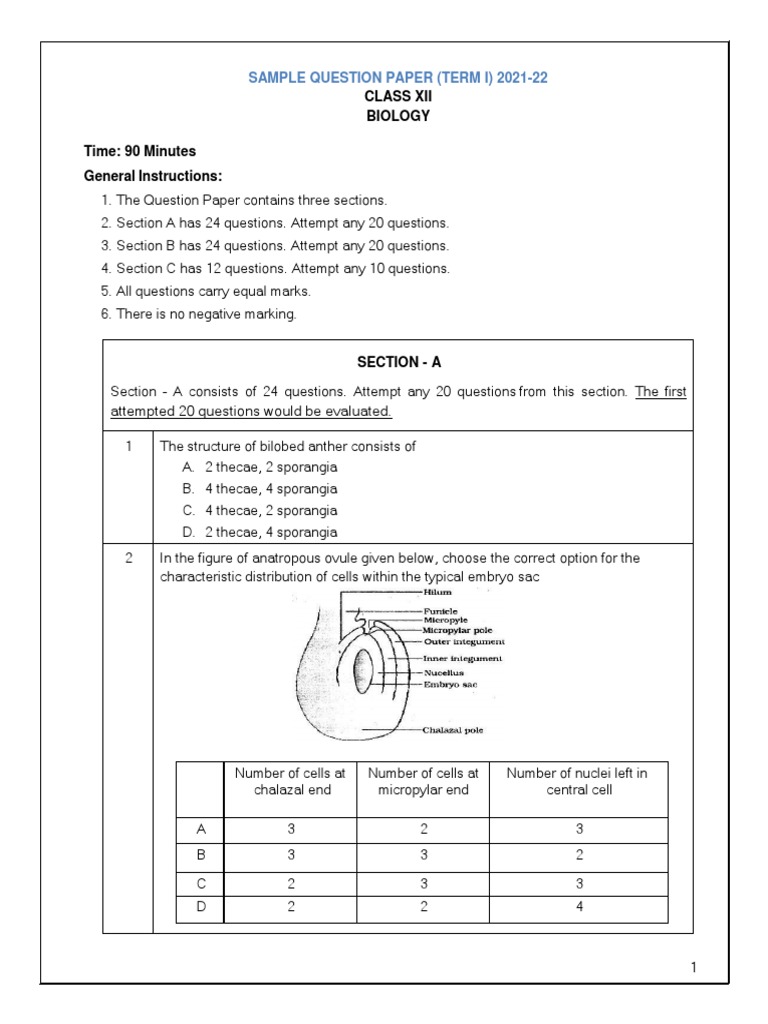 Class Xii Biology Time: 90 Minutes General Instructions:: Sample ...