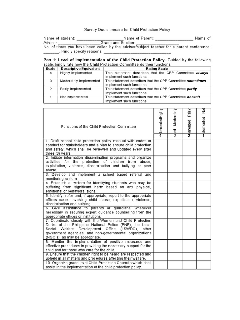 Part 1: Level of Implementation of The Child Protection Policy. Guided ...
