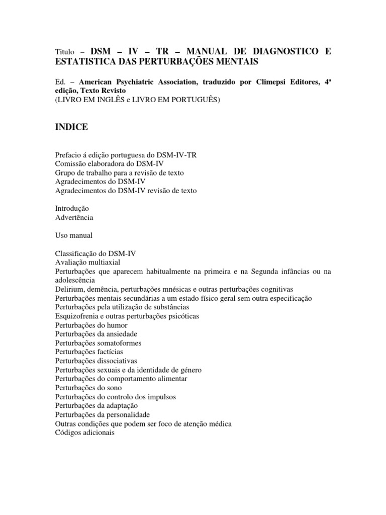 Guia do DSM-IV | PDF | Manual Diagnóstico e Estatístico de Transtornos ...