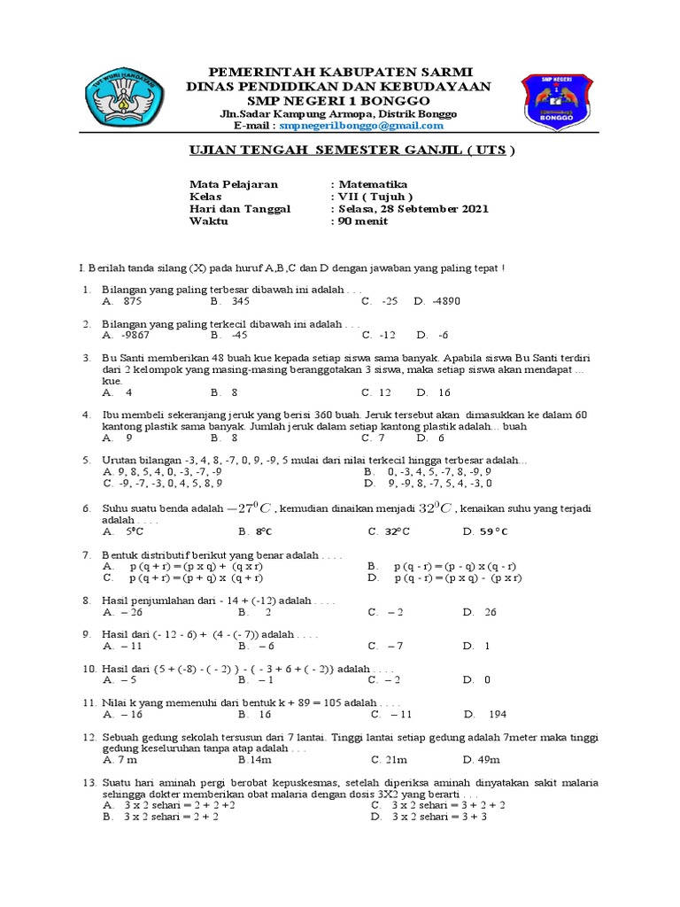 Soal Uts MTK Kls 7 2021 | PDF