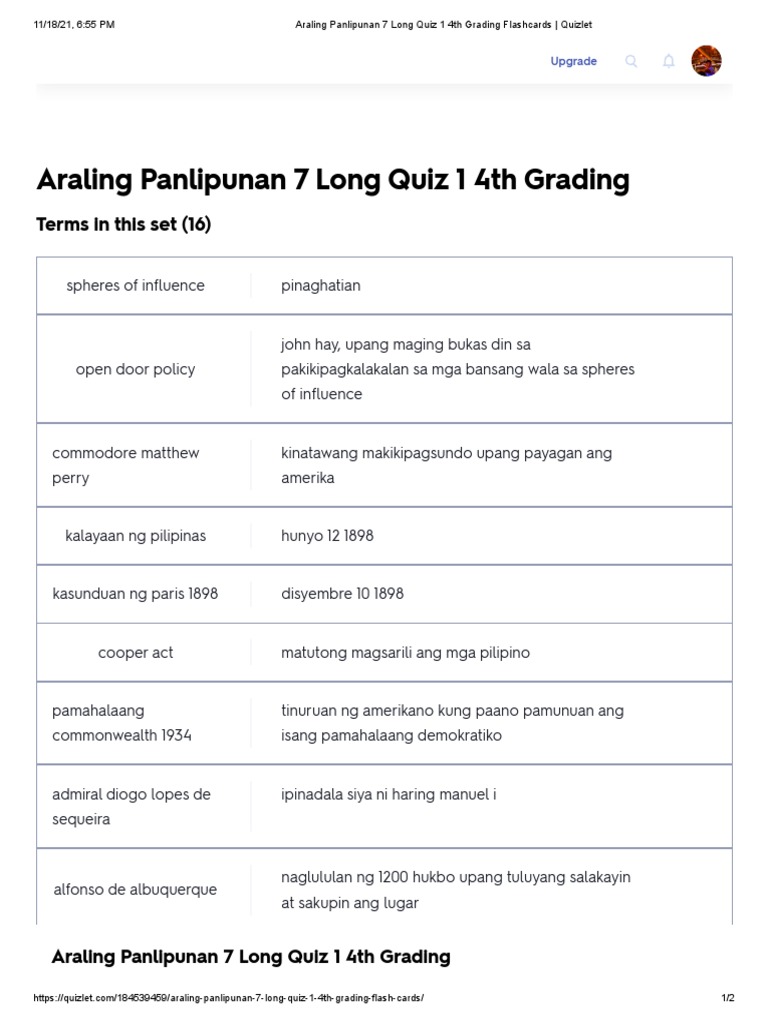 Araling Panlipunan 7 Long Quiz 1 4th Grading Flashcards - Quizlet | PDF