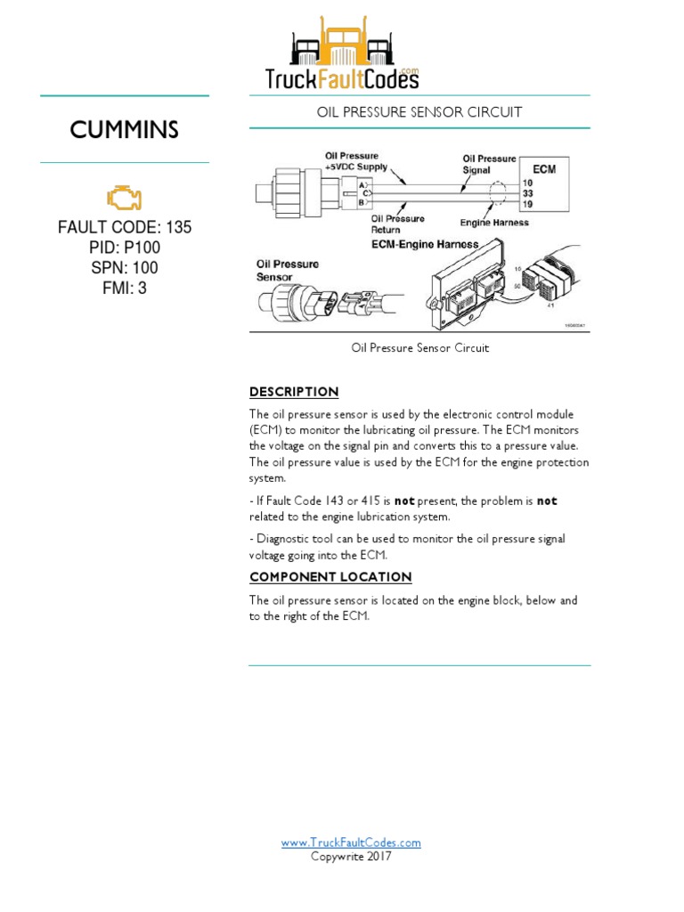 Cummins: Fault Code: 135 PID: P100 SPN: 100 FMI: 3 | PDF | Electrical ...