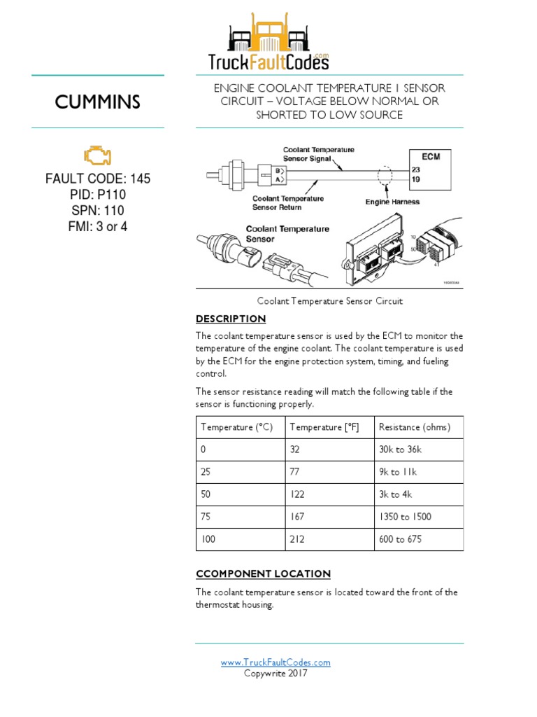Cummins: Fault Code: 145 PID: P110 SPN: 110 FMI: 3 or 4 | PDF ...