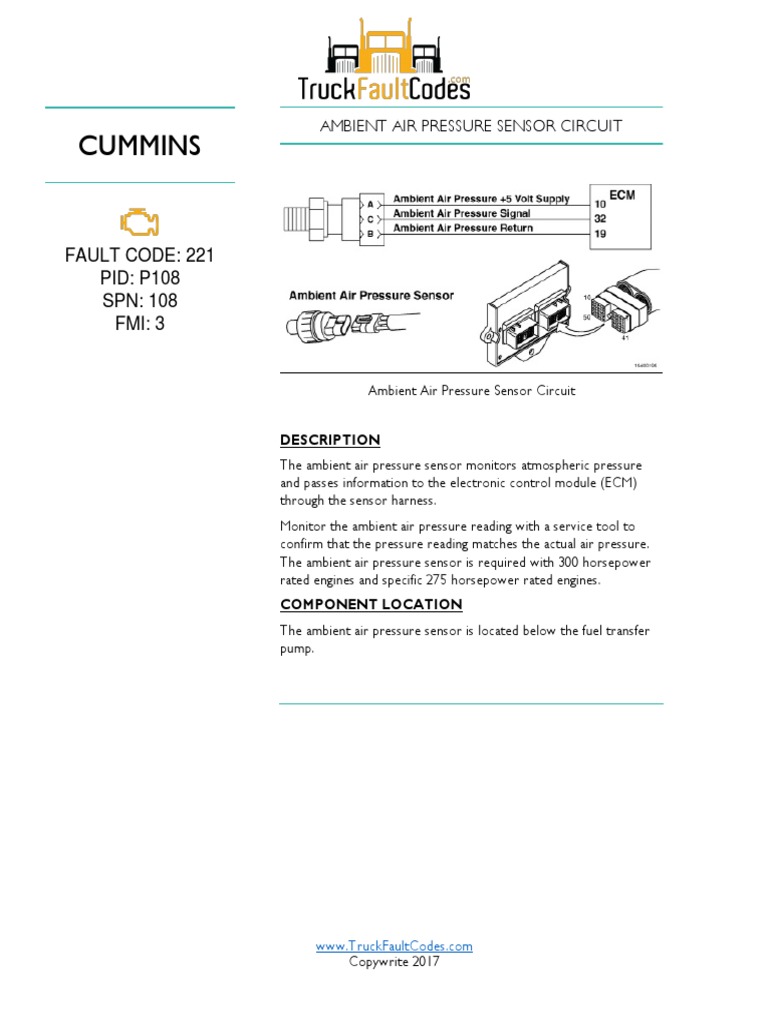 Cummins: Fault Code: 221 PID: P108 SPN: 108 FMI: 3 | PDF | Electrical ...