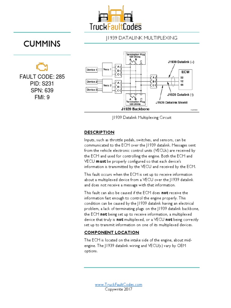 Cummins: Fault Code: 285 PID: S231 SPN: 639 FMI: 9 | PDF | Electrical ...