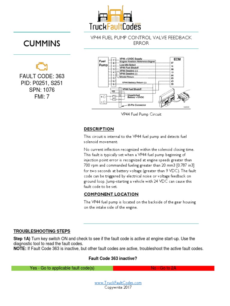 Cummins: Fault Code: 363 PID: P0251, S251 SPN: 1076 FMI: 7 | PDF ...