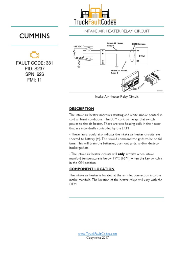 Cummins: Fault Code: 381 PID: S237 SPN: 626 FMI: 11 | PDF | Relay | Switch