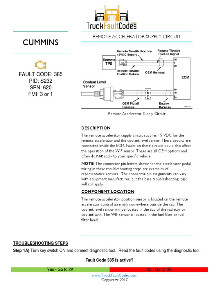 Cummins: Fault Code: 385 PID: S232 SPN: 620 FMI: 3 or 1 | PDF ...