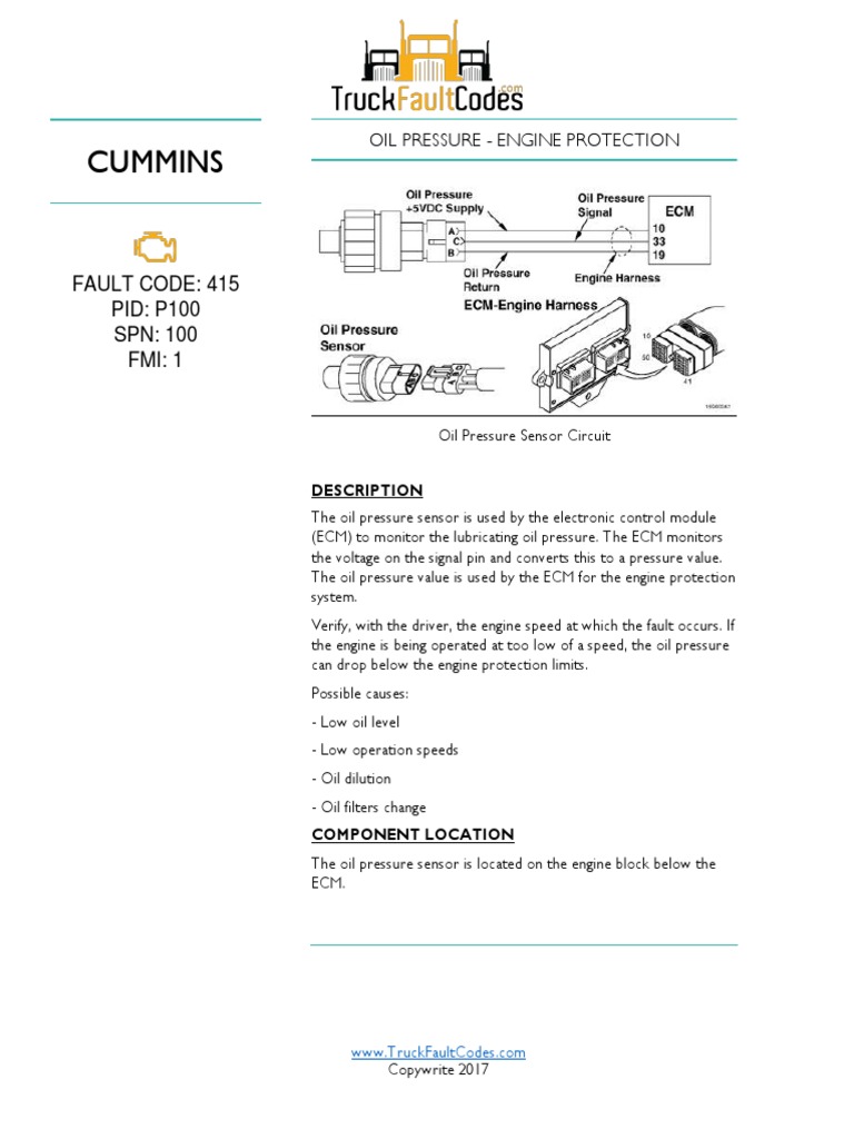 Cummins: Fault Code: 415 PID: P100 SPN: 100 FMI: 1 | PDF | Switch | Sensor