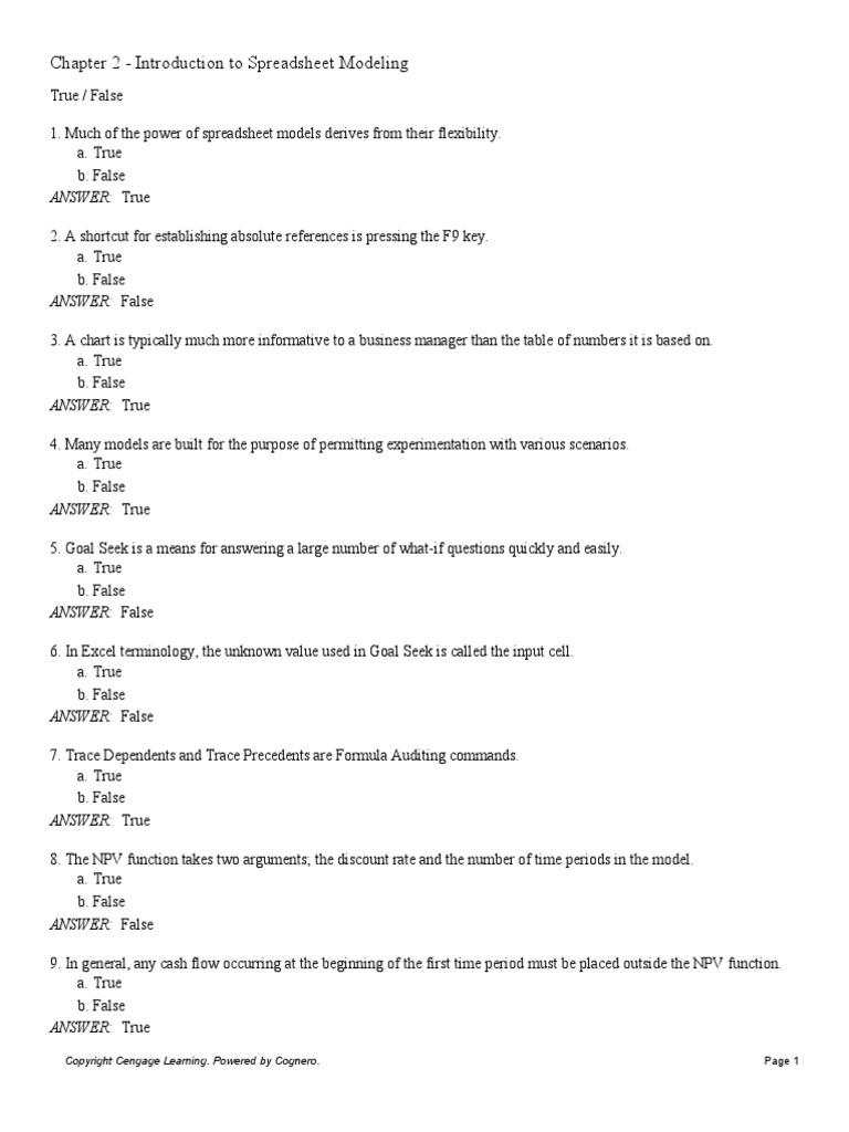 Chapter 2 - Introduction To Spreadsheet Modeling: Answer: True | PDF | Spreadsheet | Net Present ...