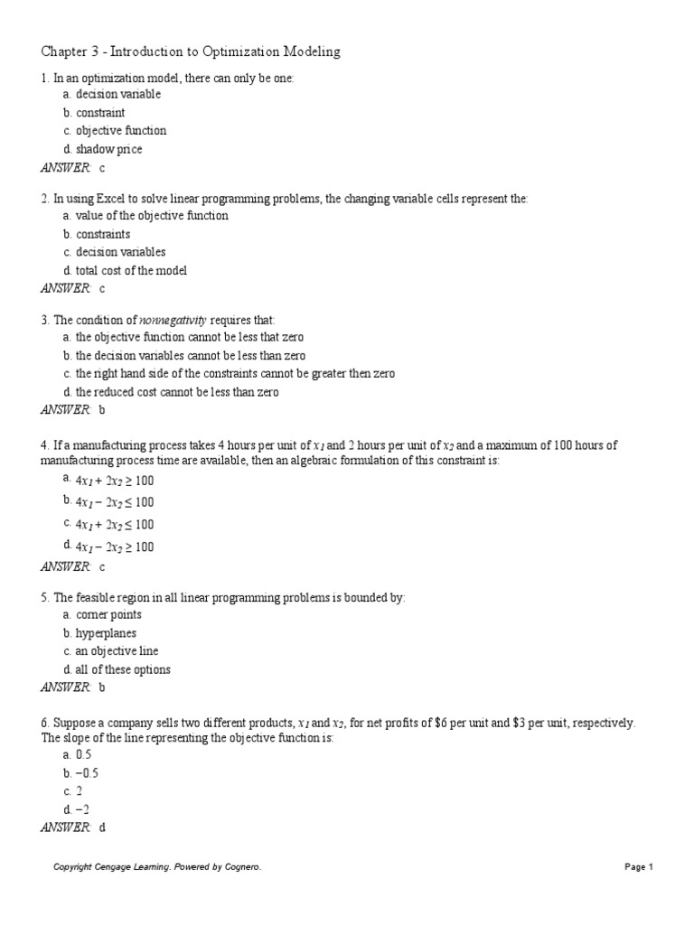 Chapter 3 - Introduction To Optimization Modeling: Answer: C | PDF ... Chapter 3 - Introduction To Optimization Modeling: Answer: C | PDF ...
