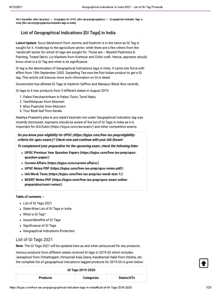 Geographical Indications in India 2021 - List of GI Tag Products | PDF ...