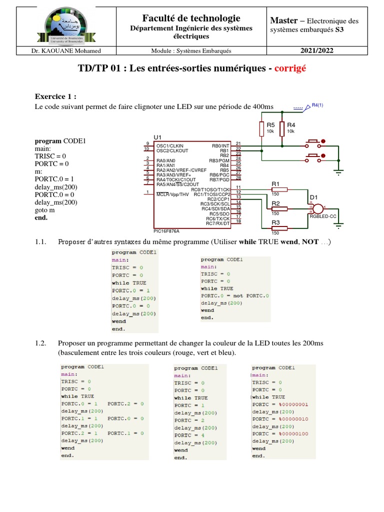 Entrées-Sorties Numériques en TP | PDF