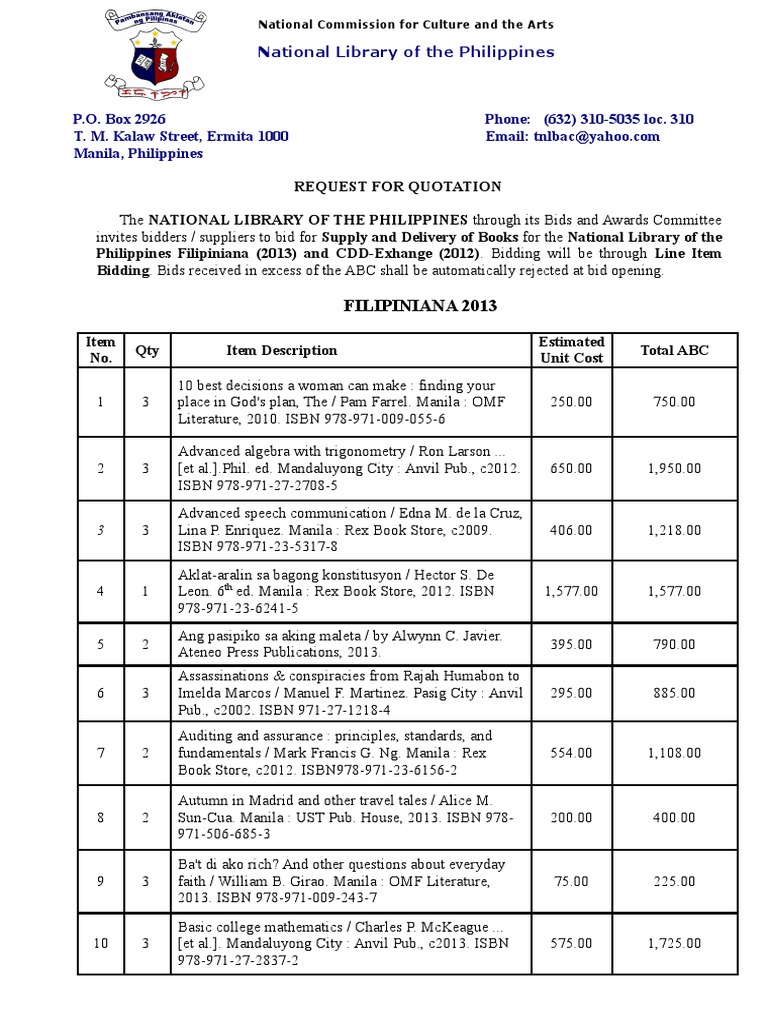 National Library Book Supply Bid Request | PDF | Manila | Philippines