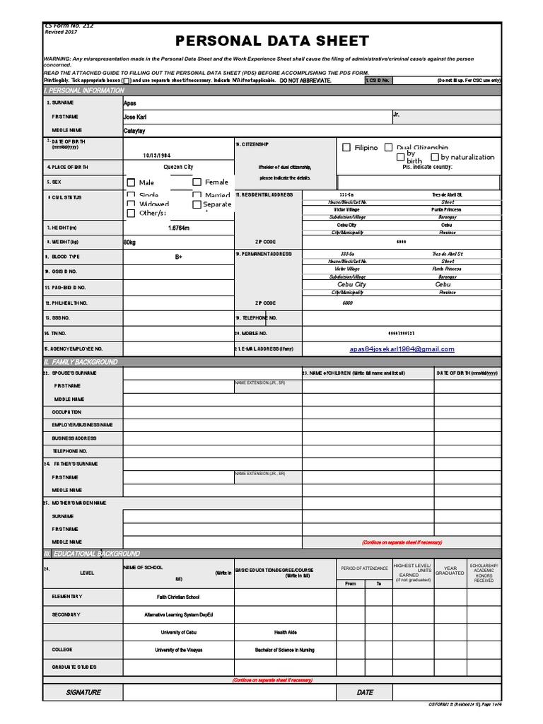 CS Form No. 212 Personal Data Sheet Revised | PDF | Passport | Crimes