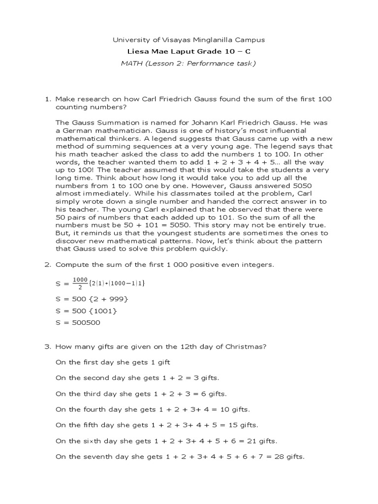 MATH (Lesson 2: Performance Task) : Liesa Mae Laput Grade 10 - C | PDF ...