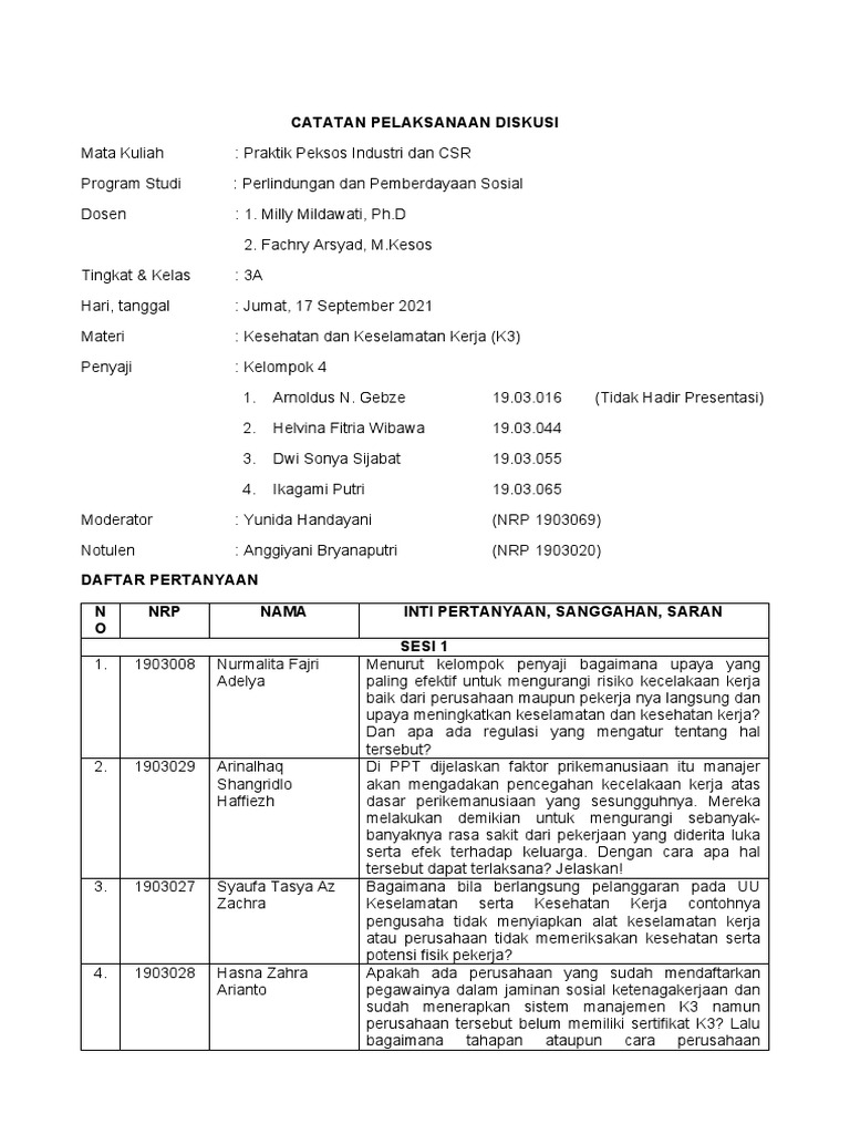 Notulen Diskusi K3 Kelompok 4 | PDF