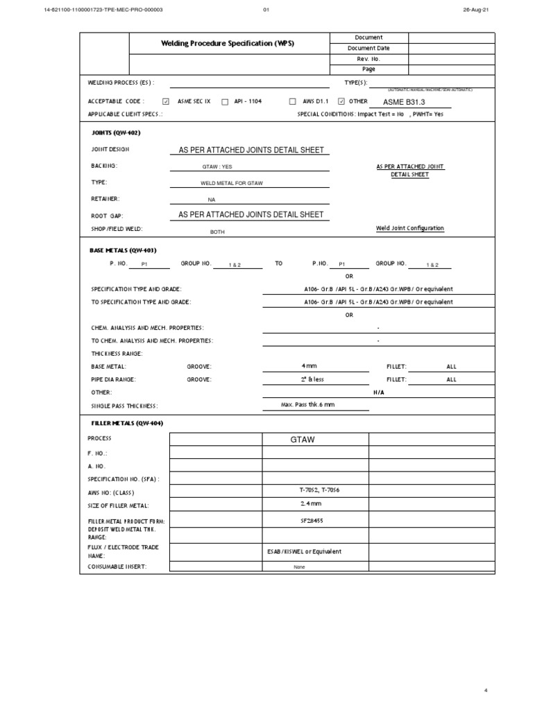 Welding Procedure Specification (WPS) : As Per Attached Joints Detail ...