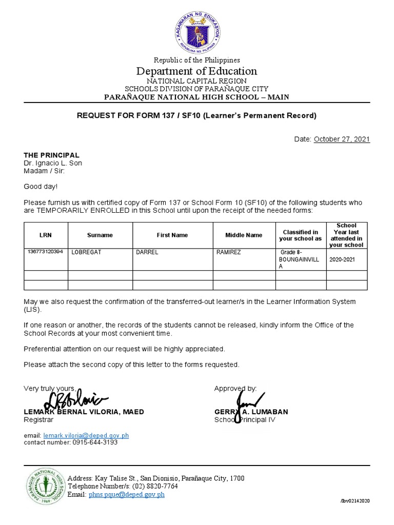 ANTOLIN - Request For Form 137 or SF10 | PDF