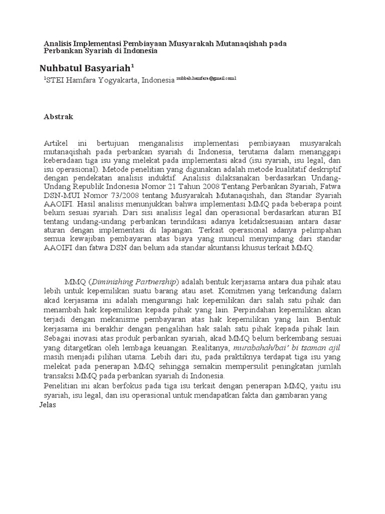Analisis Implementasi Pembiayaan Musyarakah Mutanaqishah Pada Perbankan Syariah Di Indonesia | PDF