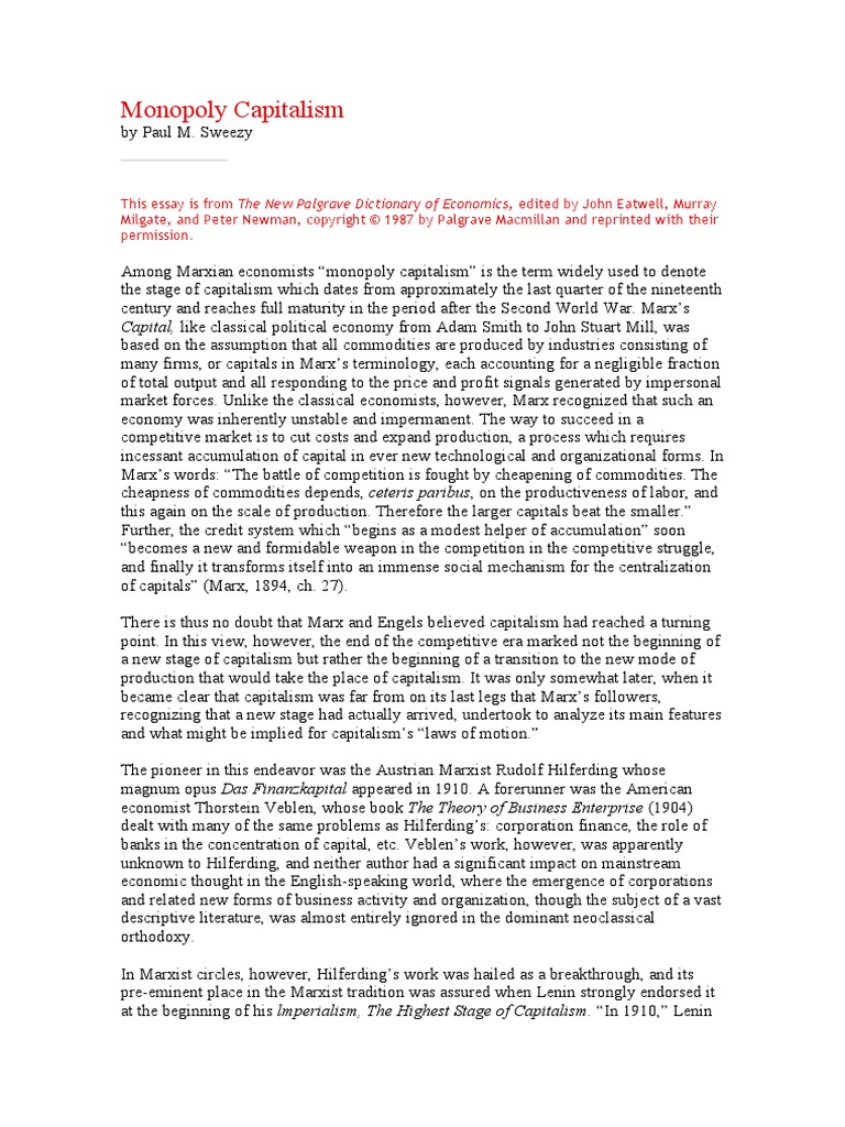 Monopoly Capitalism: Capital, Like Classical Political Economy From ...