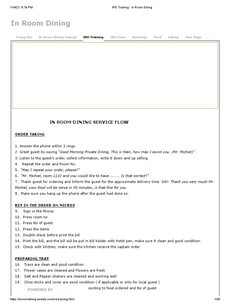 IRD Training - in Room Dining | PDF | Foods | Restaurants