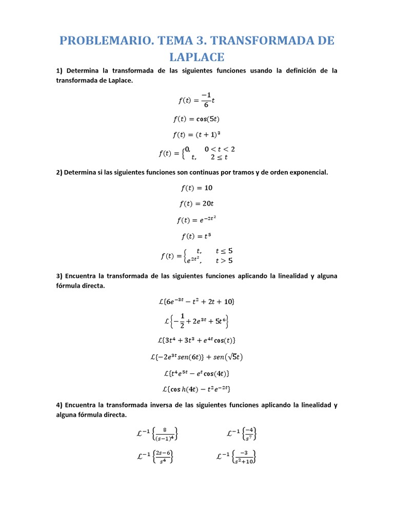 Problemario Tema 3 ED | PDF | Transformada de Laplace | Funcion exponencial