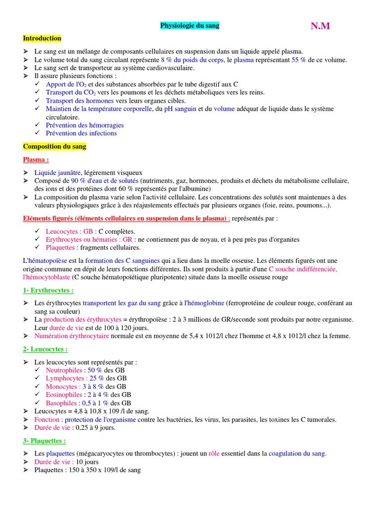 7-Physiologie Du Sang N.M | PDF | Coagulation | Thrombocyte